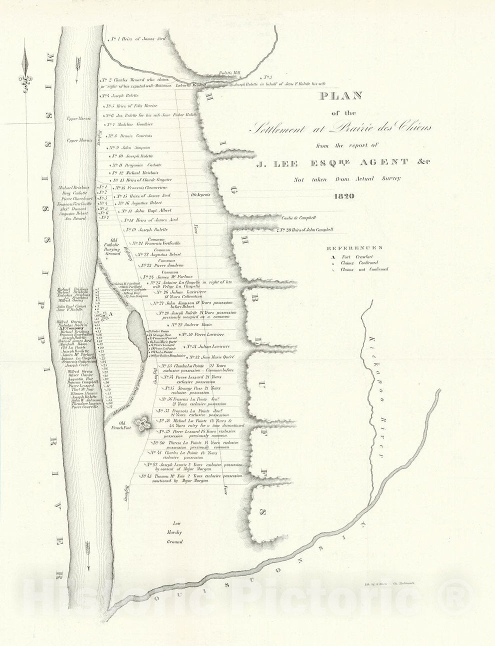 Historic Map : 1860 Plan of the Settlement at Prairie des Chiens from ...
