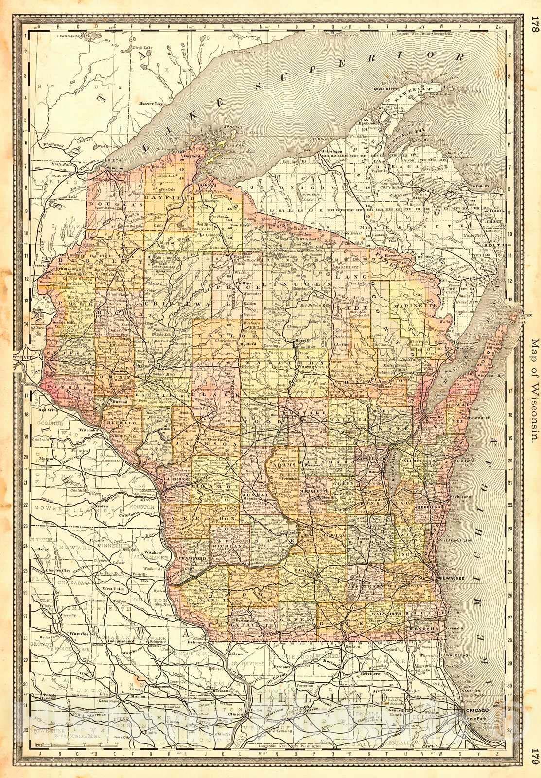 Historic Map : 1883 Map of Wisconsin : Vintage Wall Art – Historic Pictoric