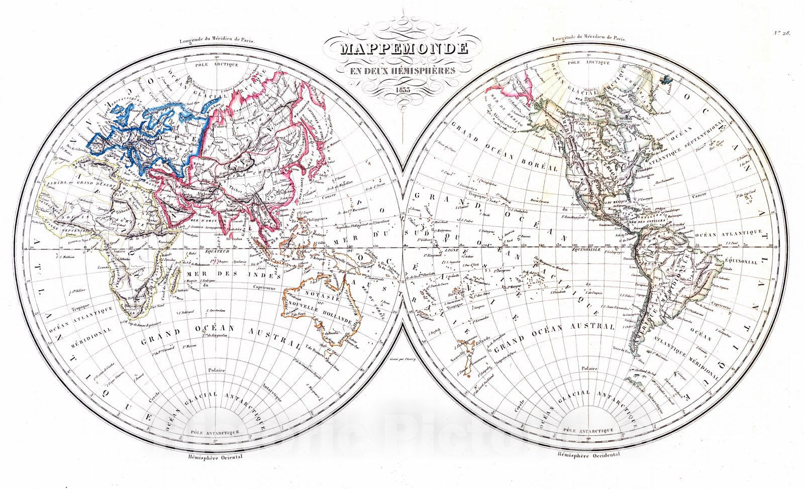 Historic Map : 1833 Mappe Monde en Deux hemispheres : Vintage Wall Art ...
