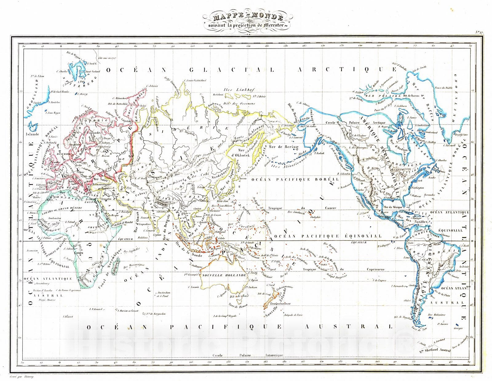 Historic Map : 1837 Mappe Monde sur la projection reduite de Mercator ...