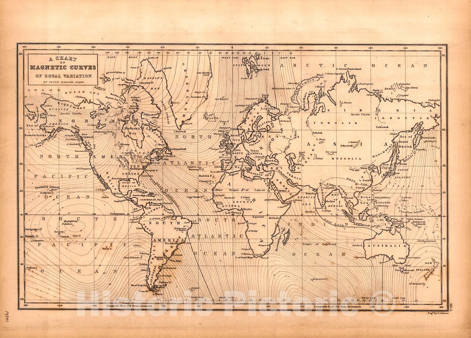 Historic Map : 1847 A Chart of Magnetic Curves of Equal Variation : Vi ...