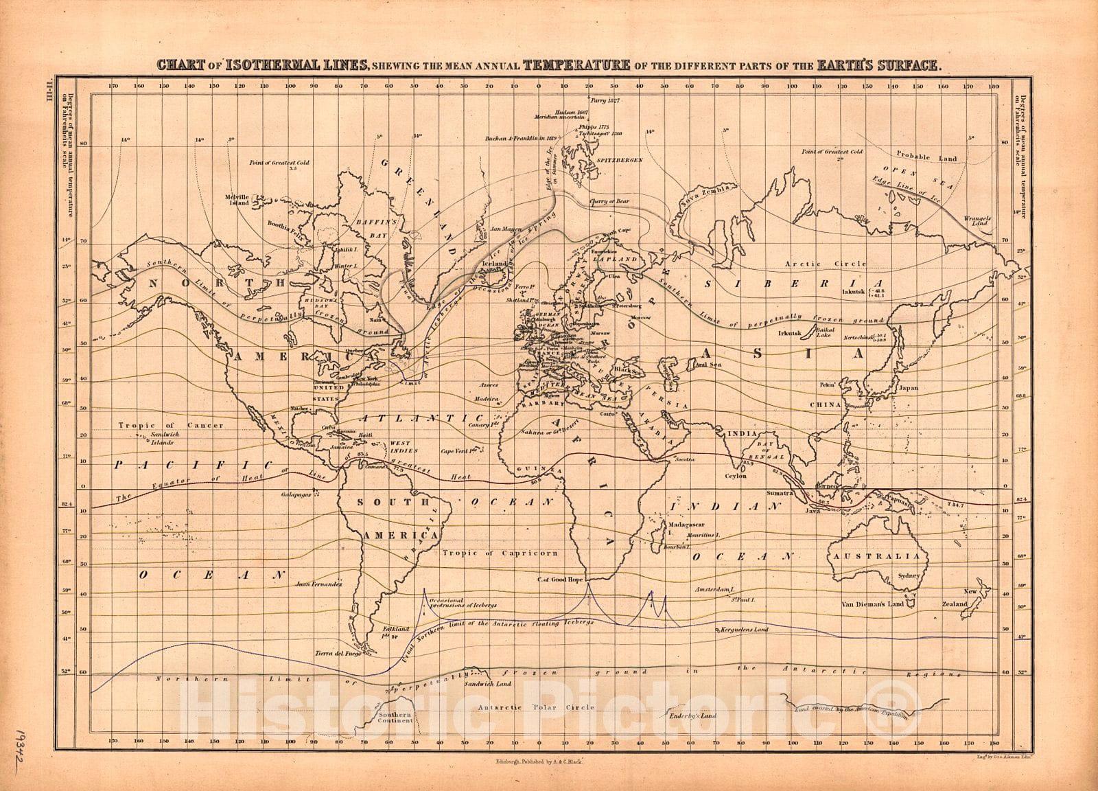 Historic Map : 1847 Chart of Isothermal LInes showing the Mean Annual ...