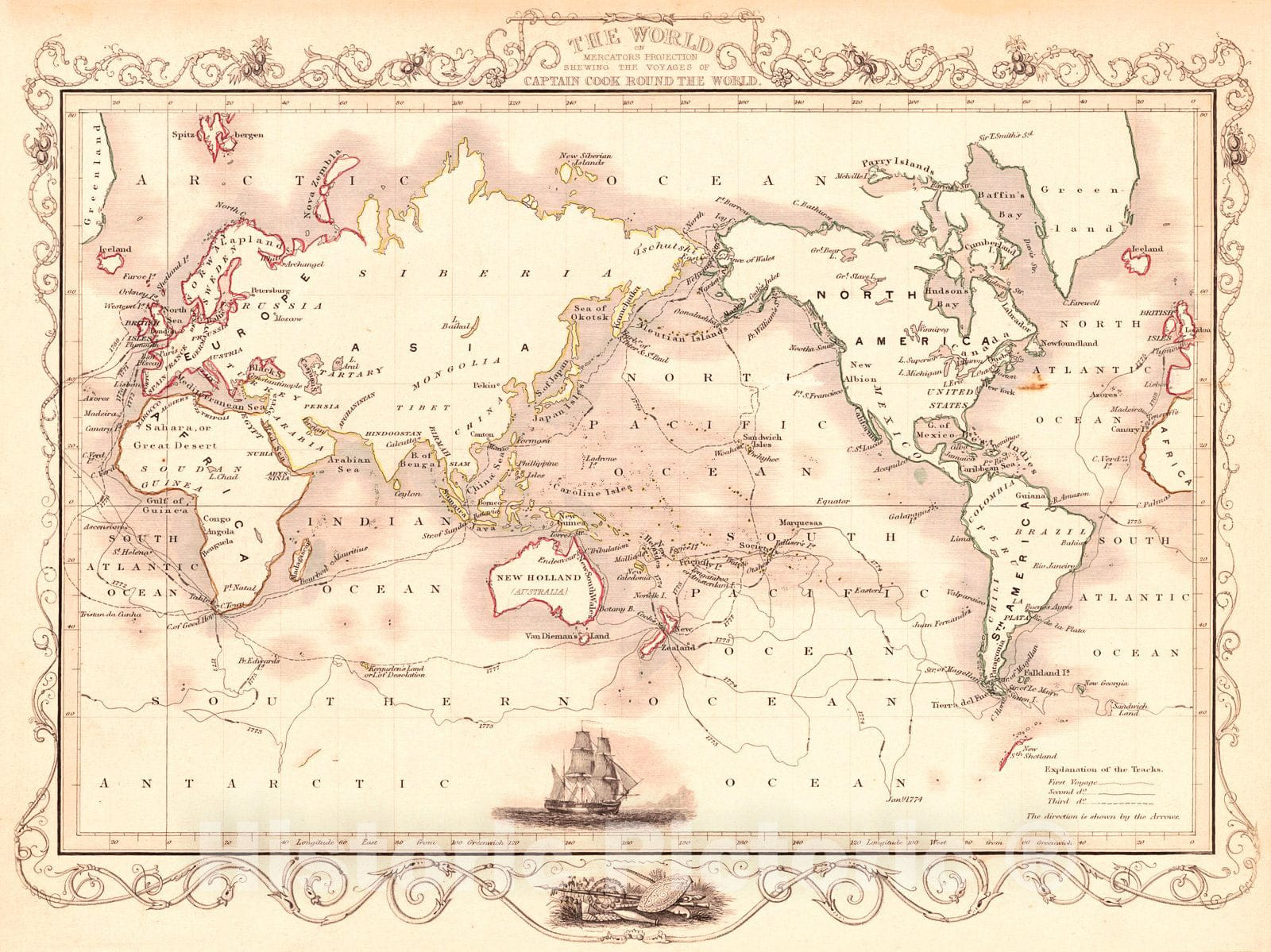 Historic Map : 1851 The World on Mercator's Projection showing the Voy ...