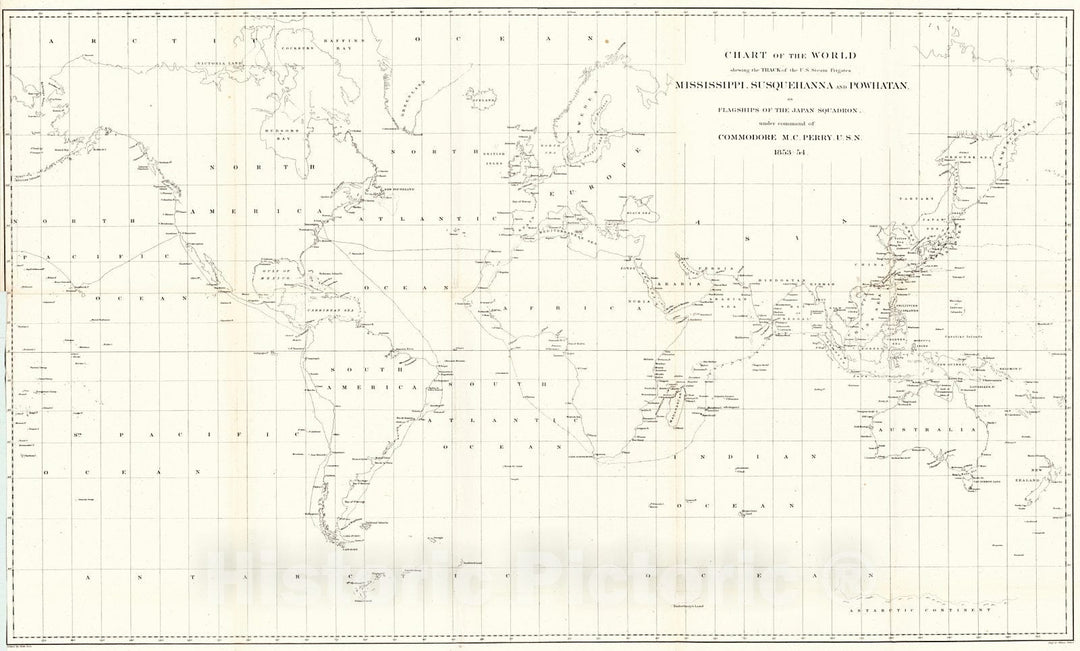 Historic Map : 1856 Chart of the Wolrd Showing the U.S. Steam Frigates ...