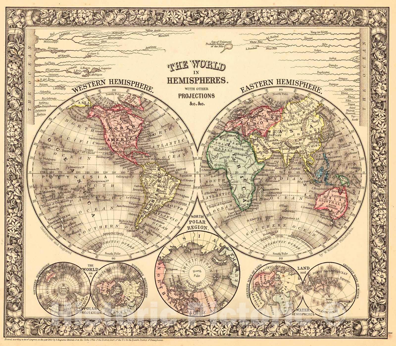 Historic Map : 1864 The World in Hemispheres with other Projections ...