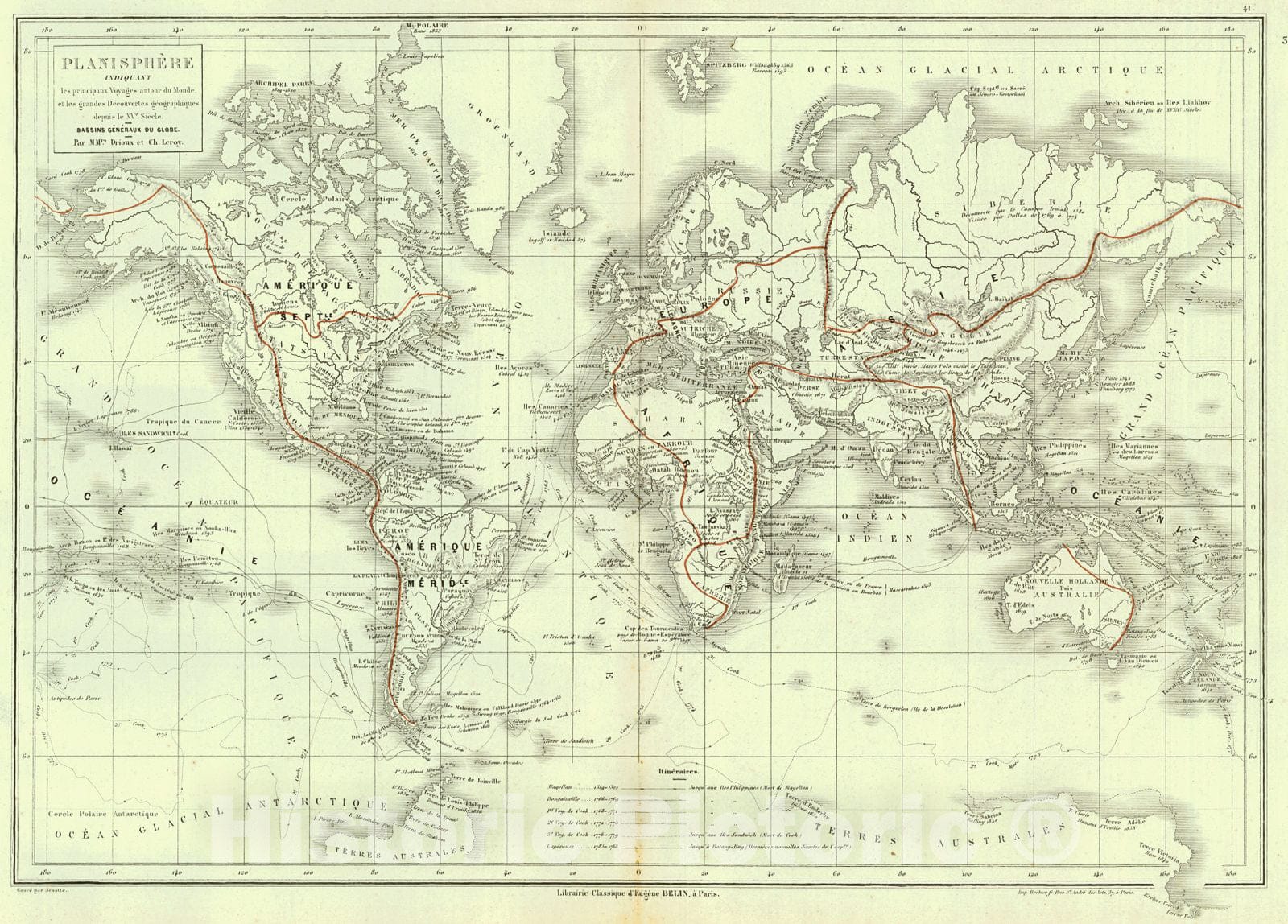 Historic Map : 1873 Planisphere Indiquant les principaux Voyages autou ...