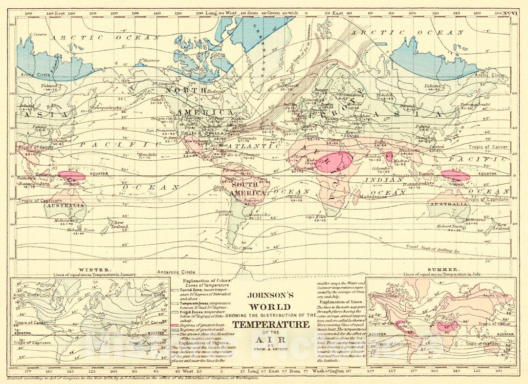 Historic Map : 1874 Johnson'sWorld Showing the Distribution of the Tem ...