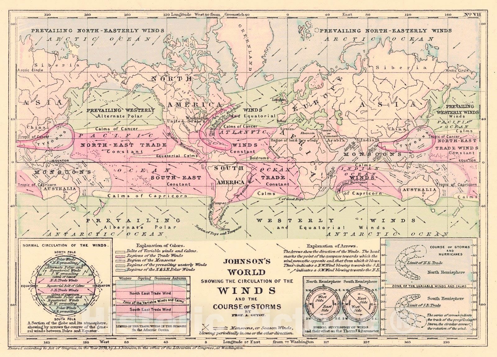 Historic Map : 1874 Johnson;s World Showing the Circulation of the Win ...