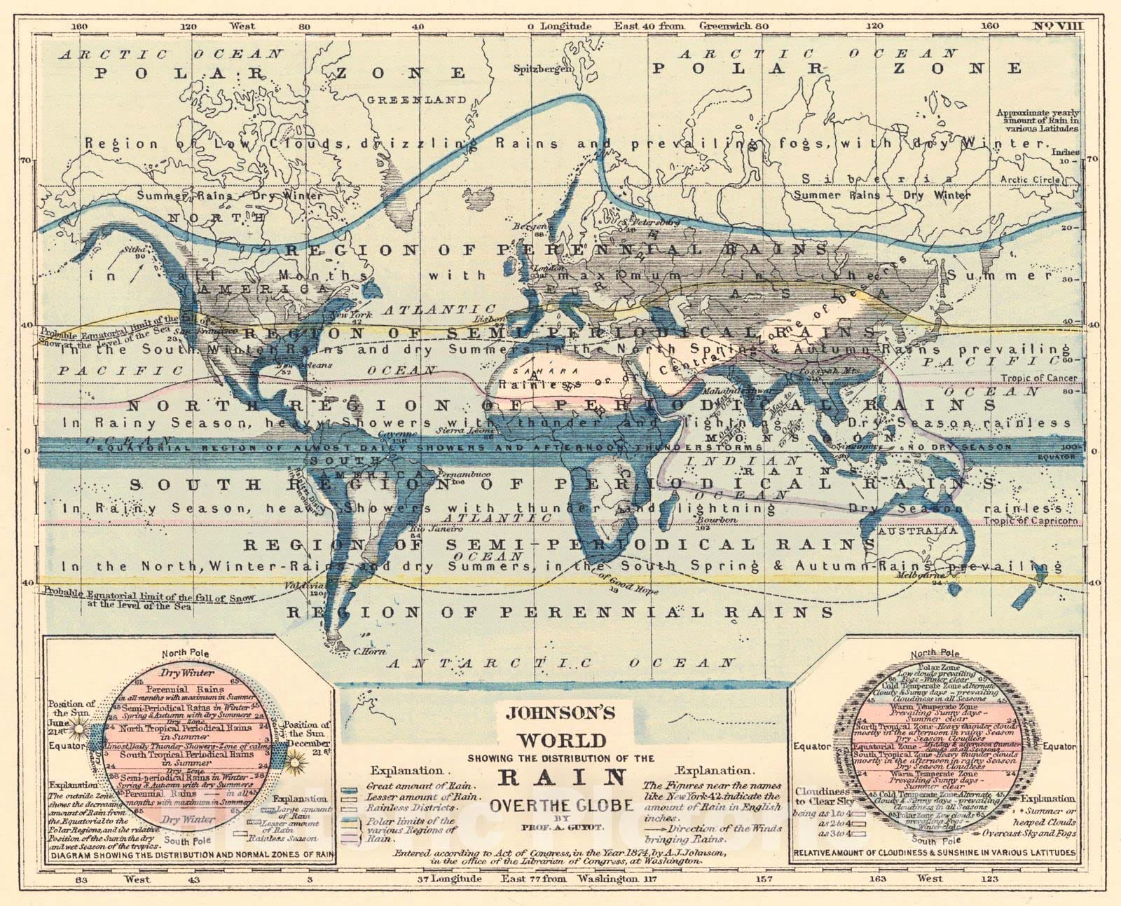 Historic Map : 1874 Johnson's World Showing the Distribution of Rain O ...