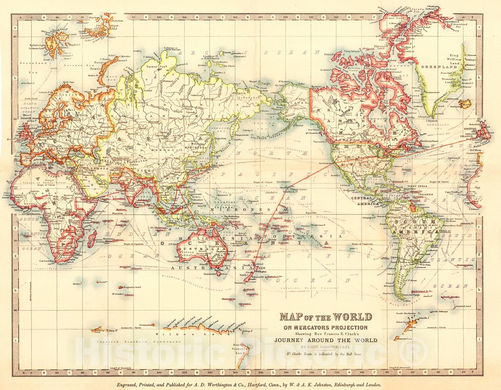 Historic Map : 1875 Map of the World on Mercators Projection Showing R ...