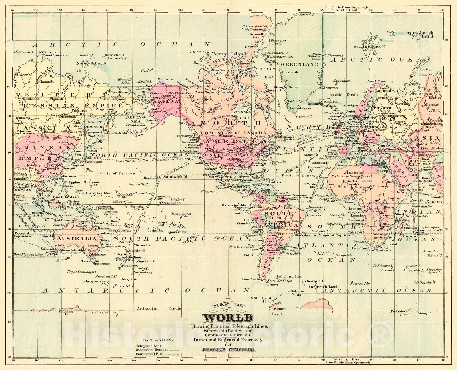 Historic Map : 1888 Map of World Showing Principal Telegraph Lines, St ...