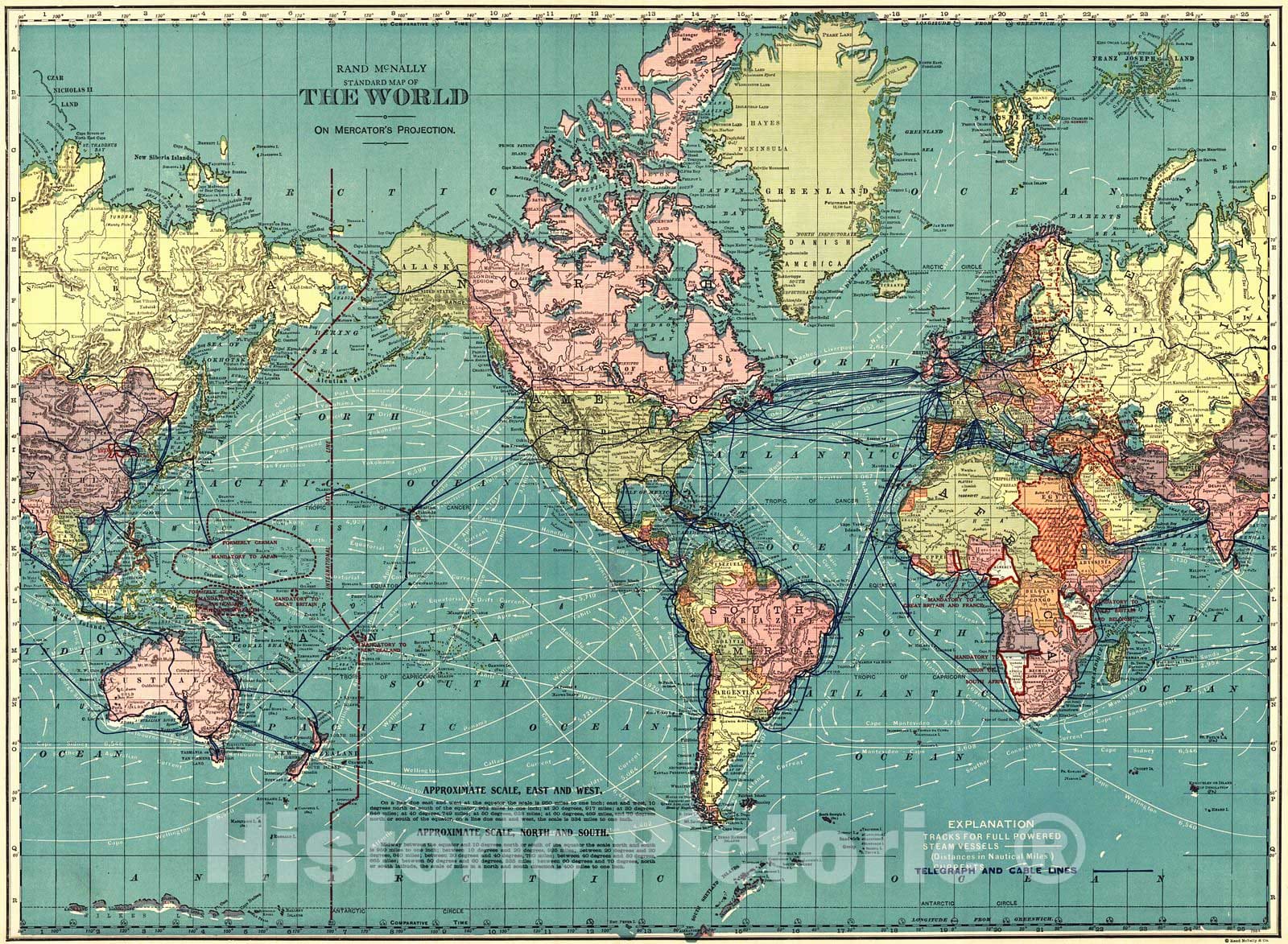 Historic Map : 1921 The World on Mercator's Projection (Showing Telegr ...