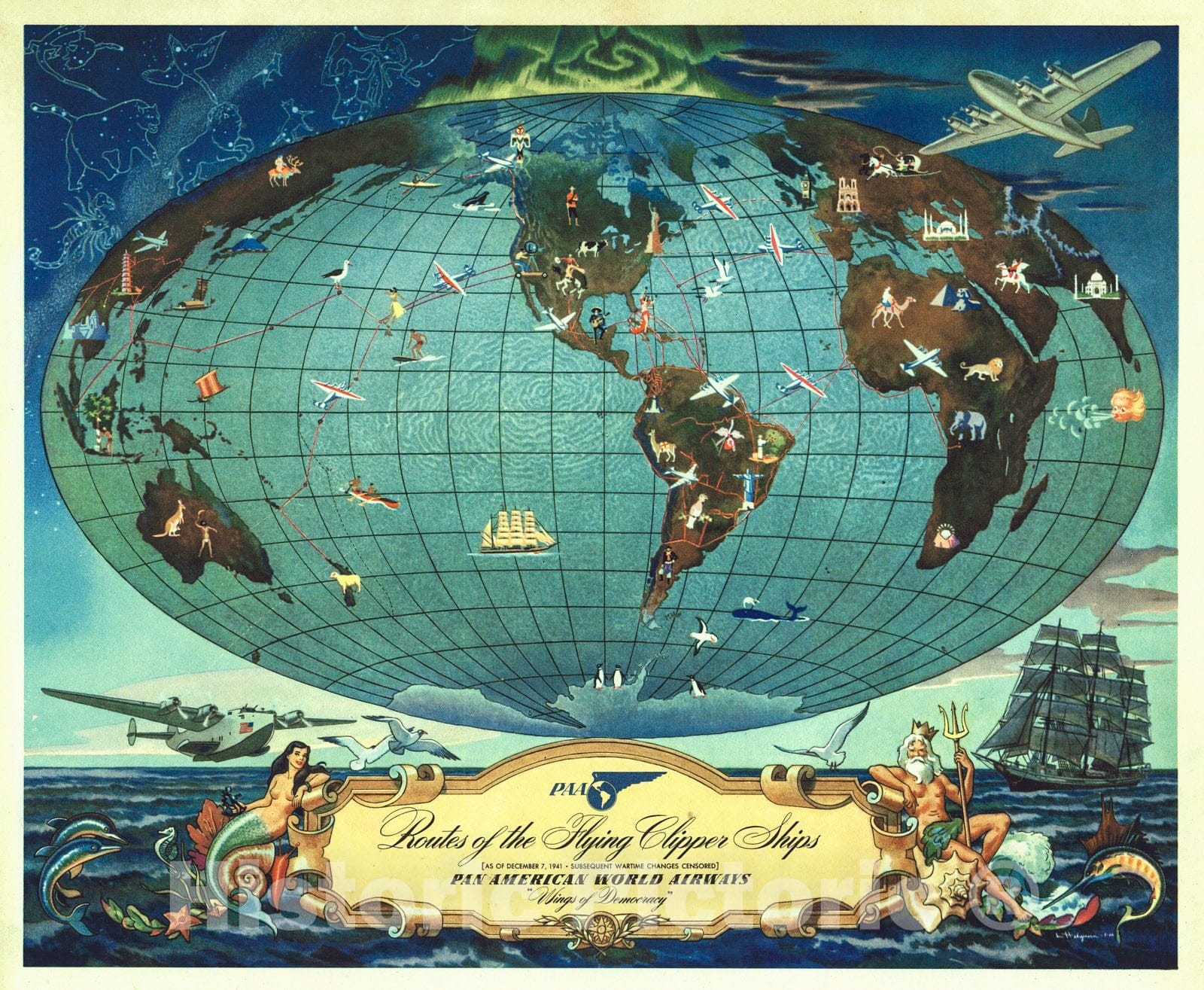 Historic Map : 1941 Routes of the Flying Clipper Ships : Vintage Wall ...