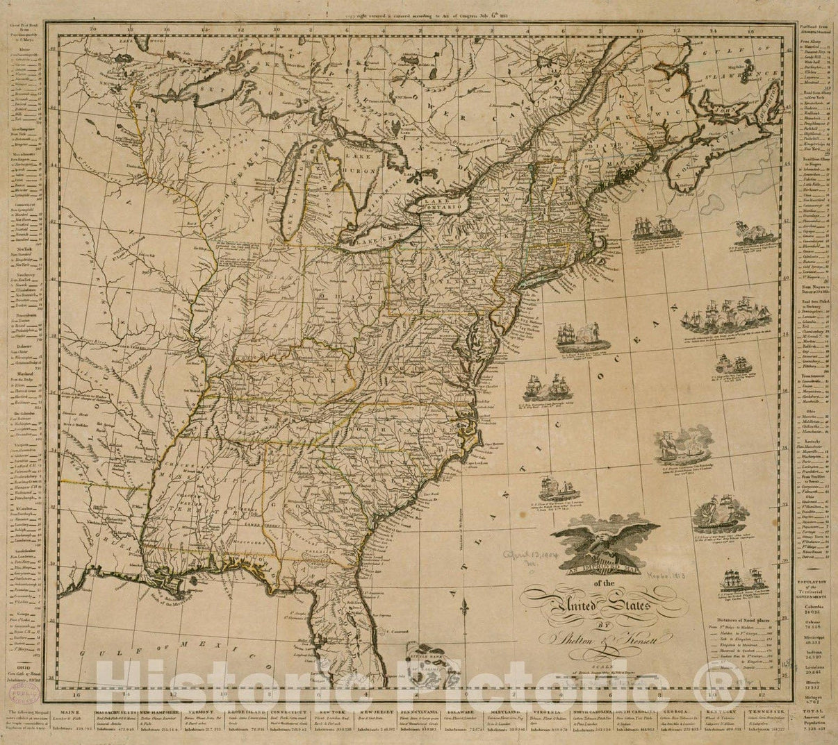 Historical Map, 1813 an Improved map of The United States, Vintage Wal ...