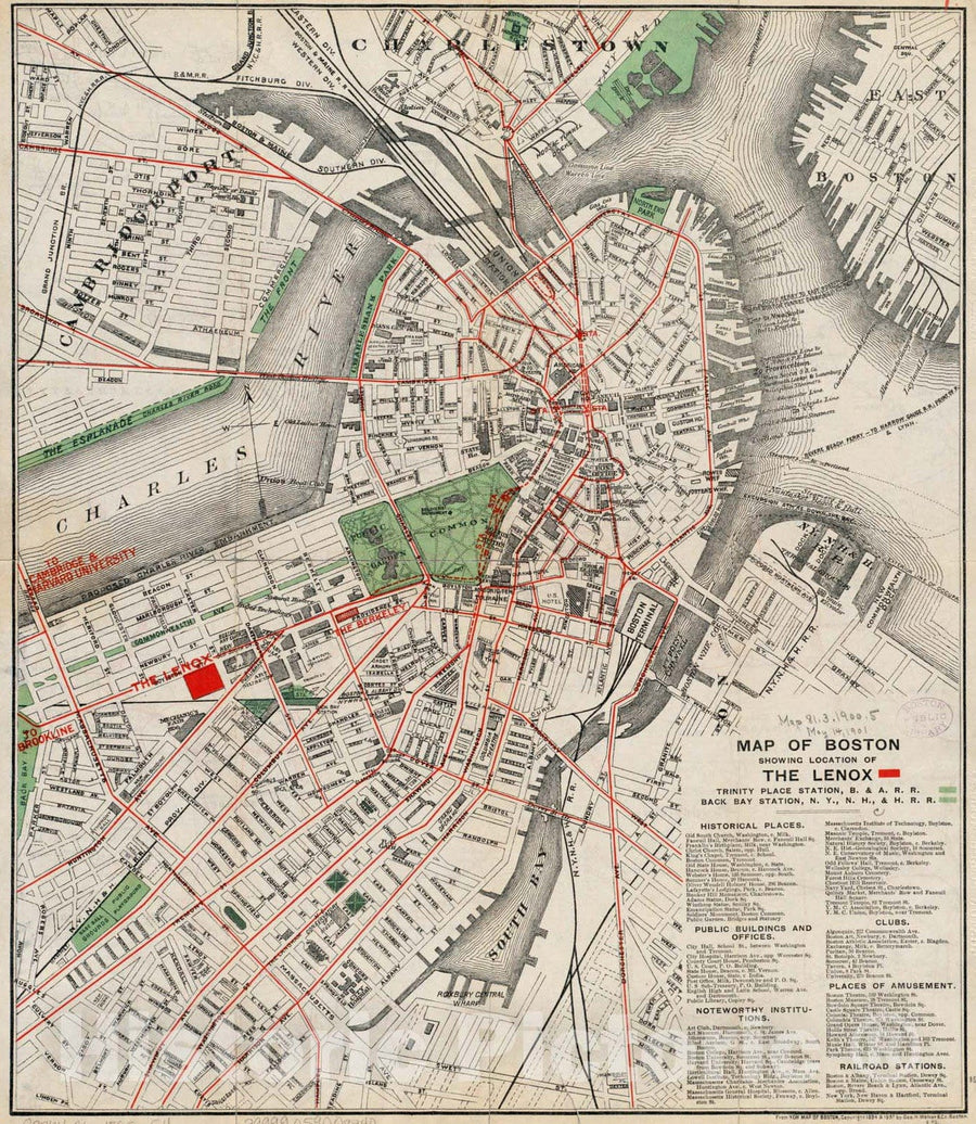 Historical Map, 1898 Map of Boston Showing Location of The Lenox, Vint ...
