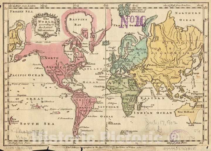 Historical Map, 1760 The World, According to The Latest Discoveries, V ...