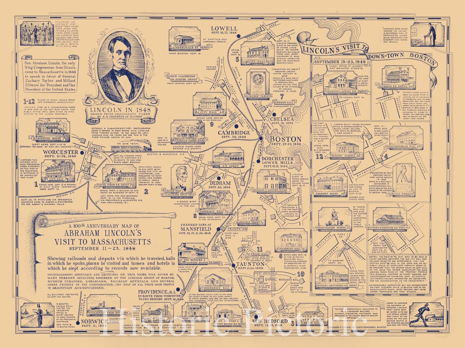 Historical Map, The 100th Anniversary map of Abraham Lincoln's Visit t ...