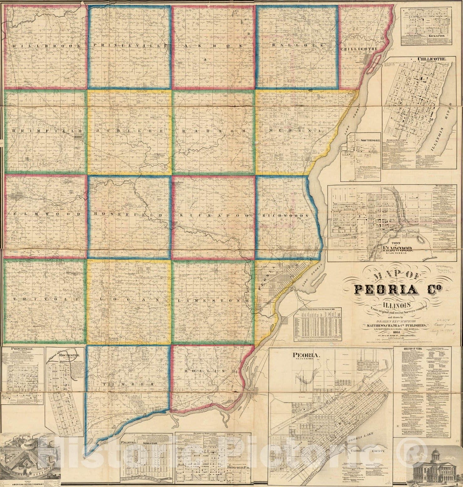 Historical Map, 1861 Map of Peoria Co, Illinois, Vintage Wall Art ...