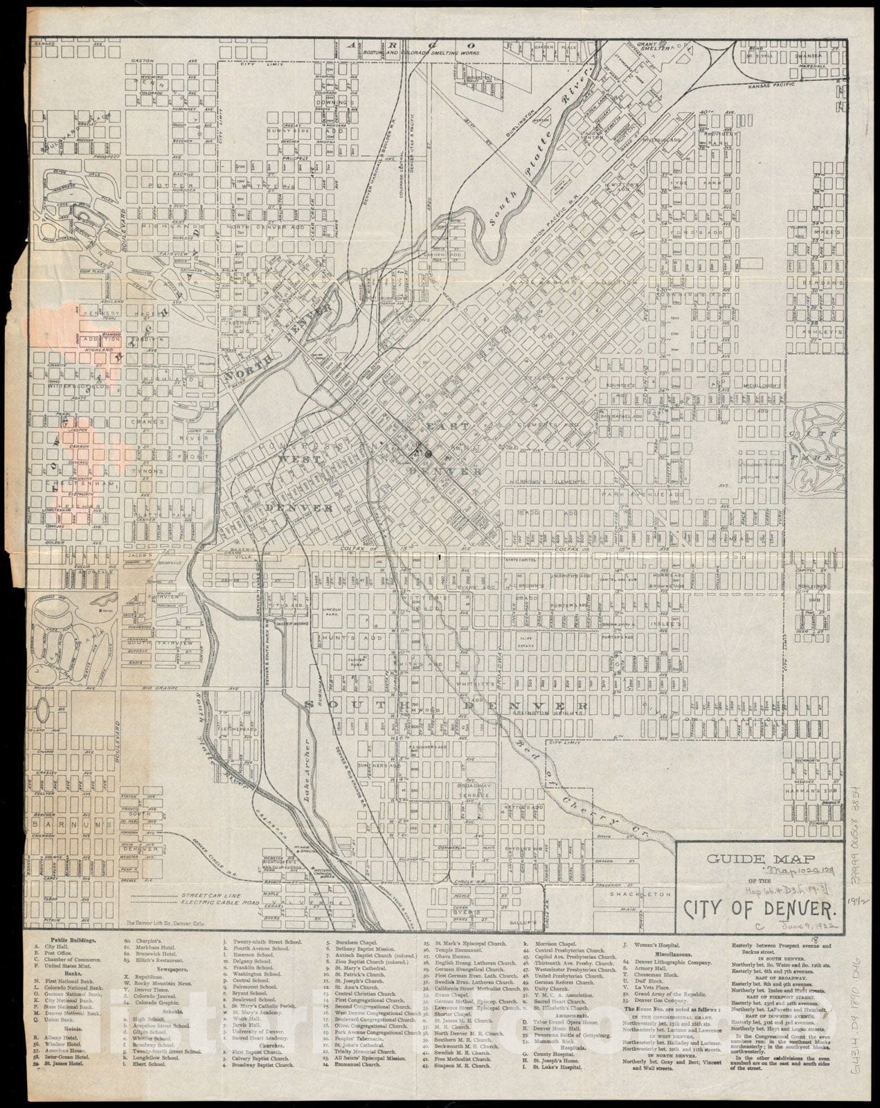 Historical Map, 1890-1899 Guide map of the city of Denver, Vintage Wal ...