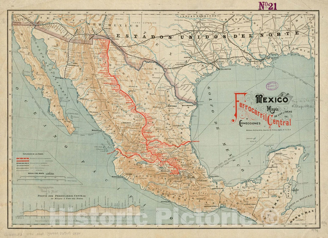 Historical Map, 1884 Mexico, mapa de las lineas del Ferrocarril Centra ...