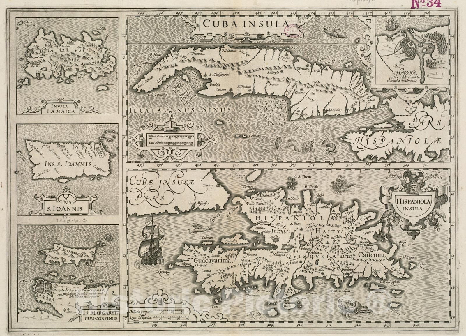 Historical Map, 1633 Cuba Insula ; Hispaniola Insula, Vintage Wall Art ...