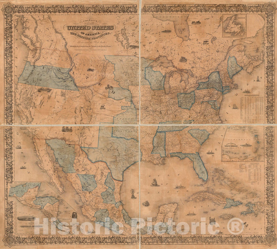 Historical Map, 1854 Colton's map of The United States of America, The ...