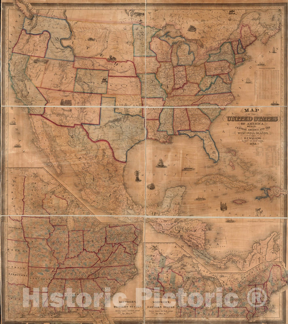 Historical Map, 1863 Map of The United States of America, Mexico, Cent ...