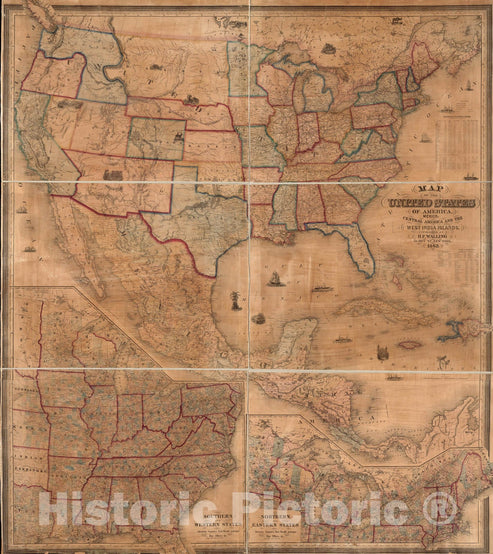 Historical Map, 1863 Map of The United States of America, Mexico, Cent ...