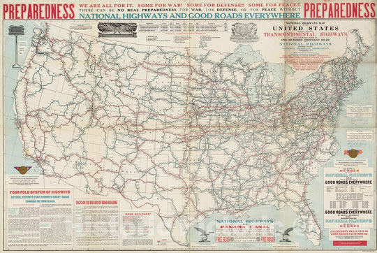 Historical Map, 1915 National Highways map of The United States Showin ...