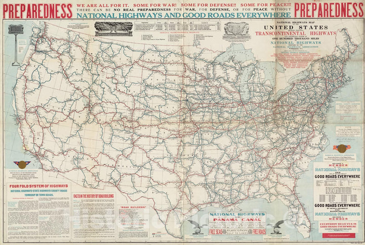 Historical Map, 1915 National Highways map of The United States Showin ...