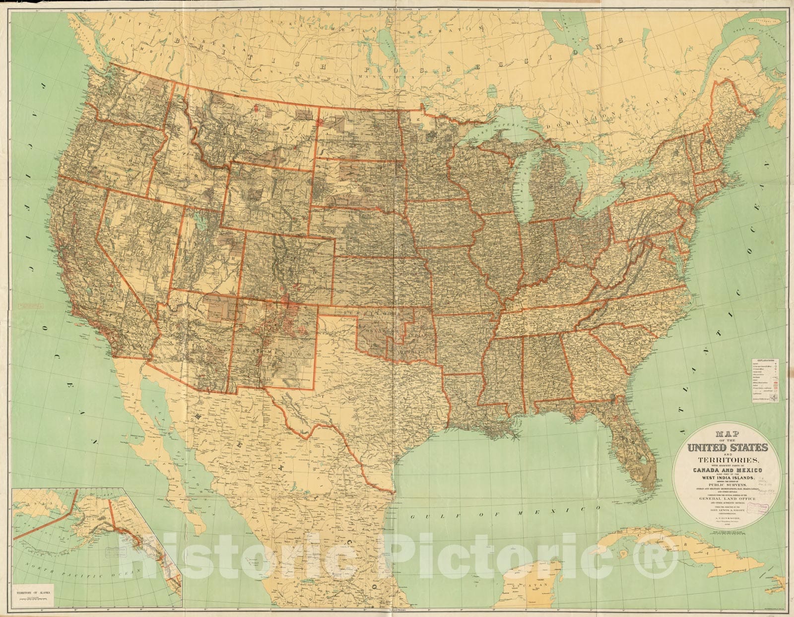 Historical Map, 1890 Map of The United States and Territories with Adj ...