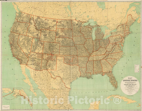 Historical Map, 1890 Map of The United States and Territories with Adj ...