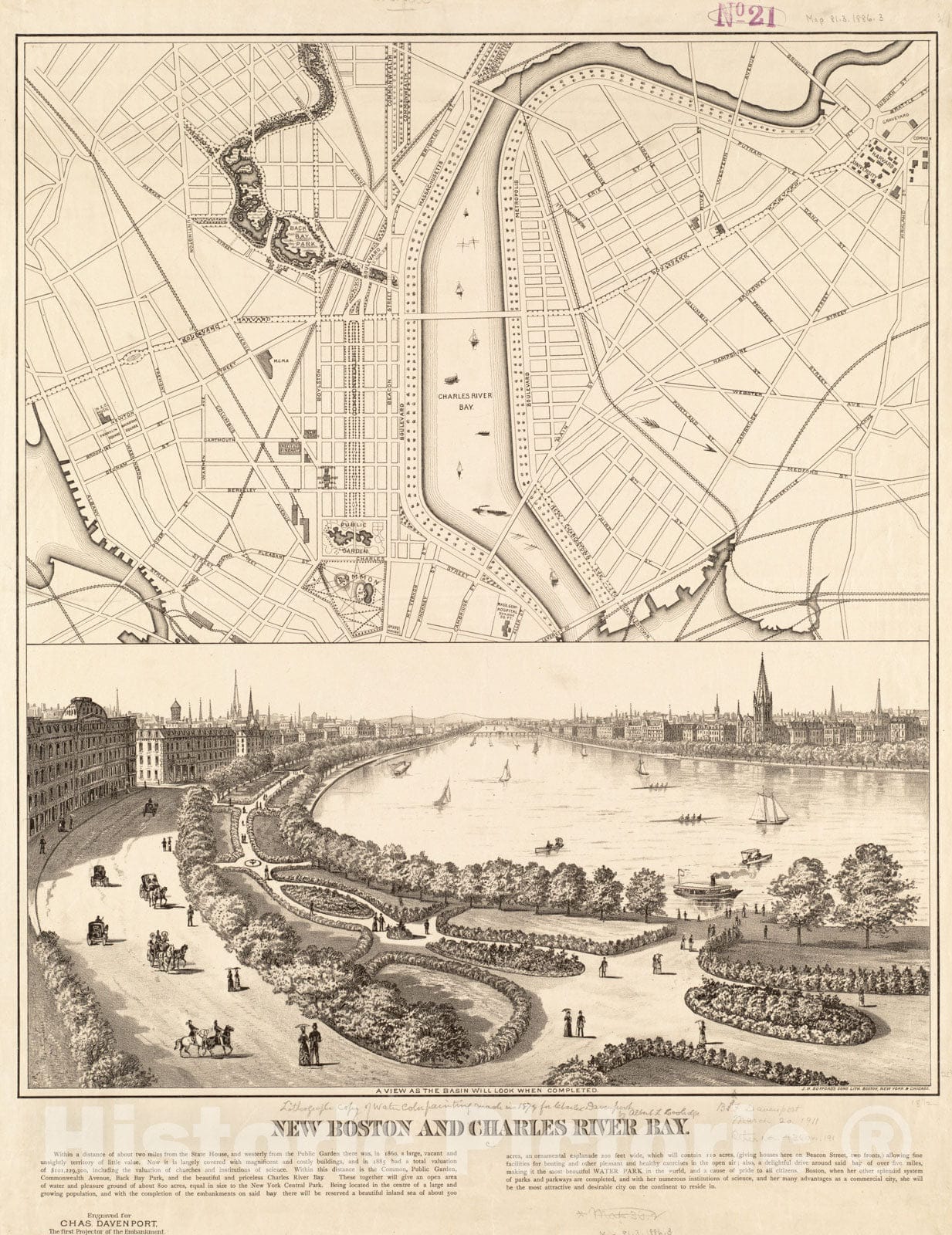 Historical Map, 1886 New Boston and Charles River Bay, Vintage Wall Ar ...