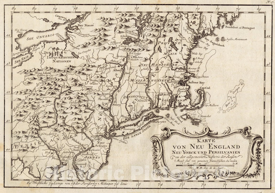 Historical Map, 1757 Karte von Neu England, Neu Yorck und Pensilvanien ...