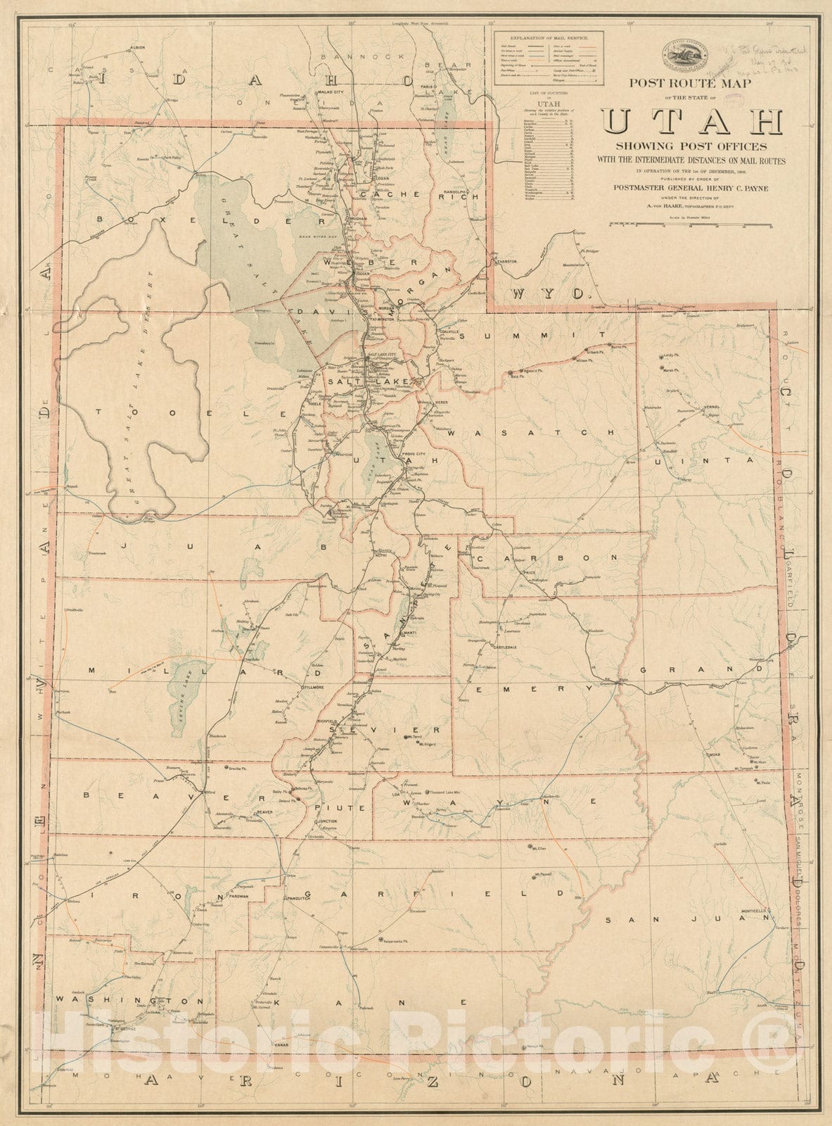 Historical Map, Post Route map of The State of Utah Showing Post Offic ...