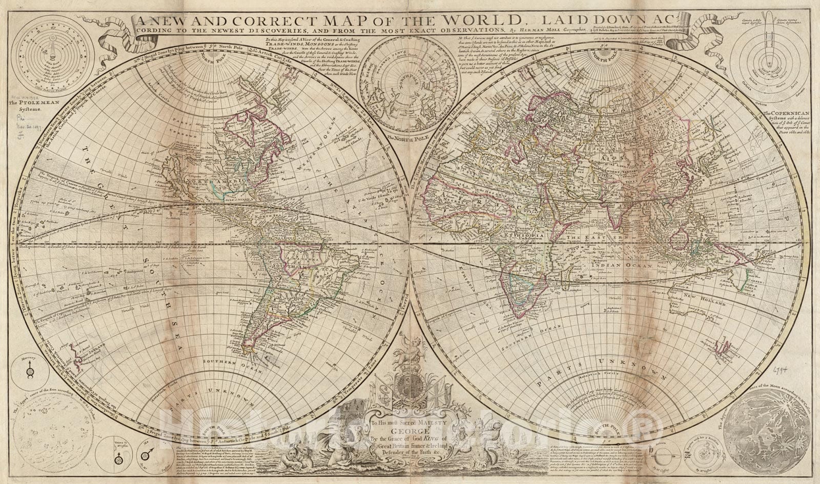 Historical Map, 1727-1739 A New and Correct map of The World, Laid Dow ...