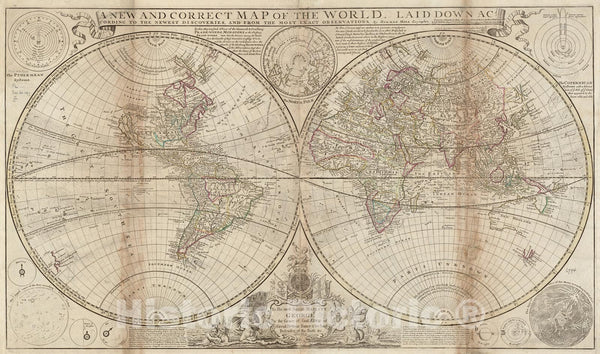 Historical Map, 1727-1739 A New and Correct map of The World, Laid Dow ...