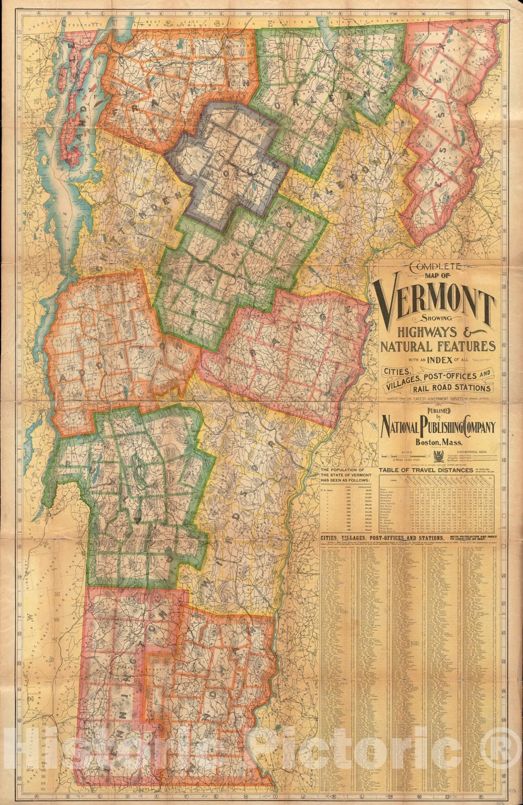 Historical Map, c.1902 Complete map of Vermont Showing Highways & Natu ...