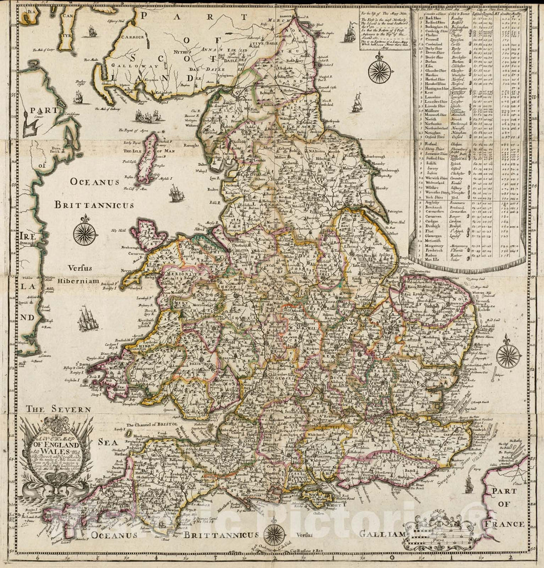 Historical Map, 1690 A New map of England and Wales with The Direct an ...