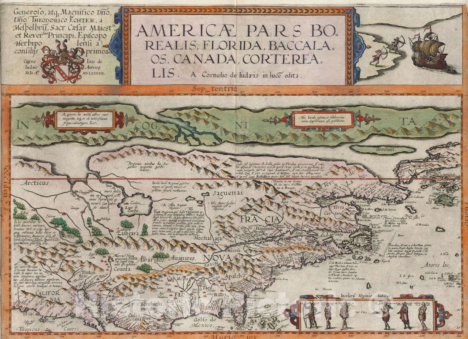 Historical Map, 1593 Americae pars Borealis, Florida, Baccalaos, Canad ...