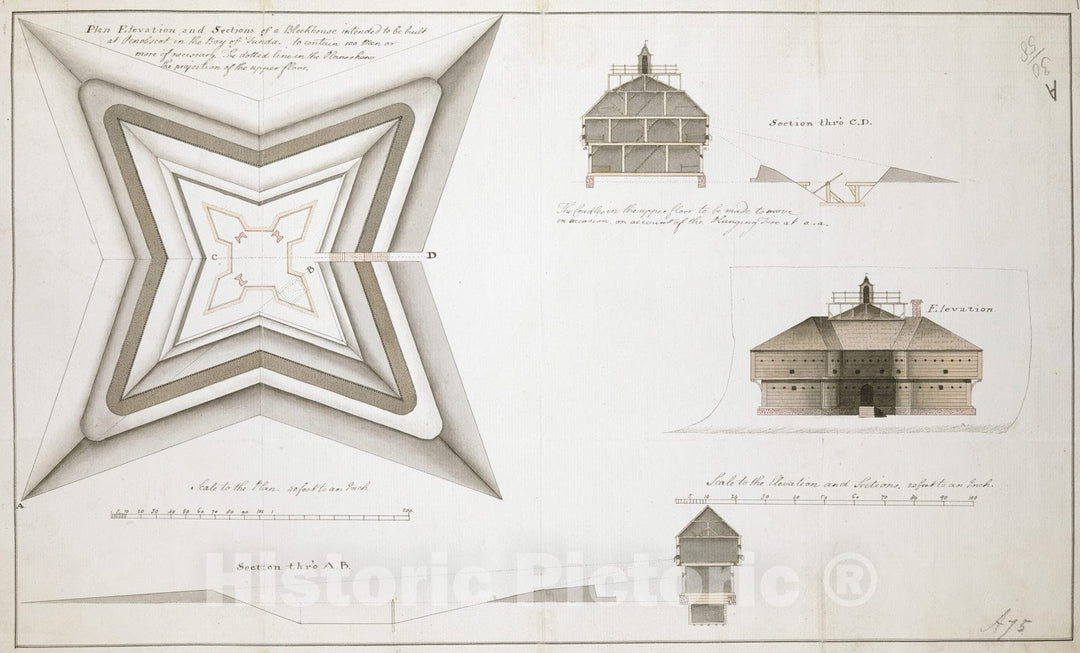Historical Map, 1759 Plan Elevation and Sections of Blockhouse to be B ...