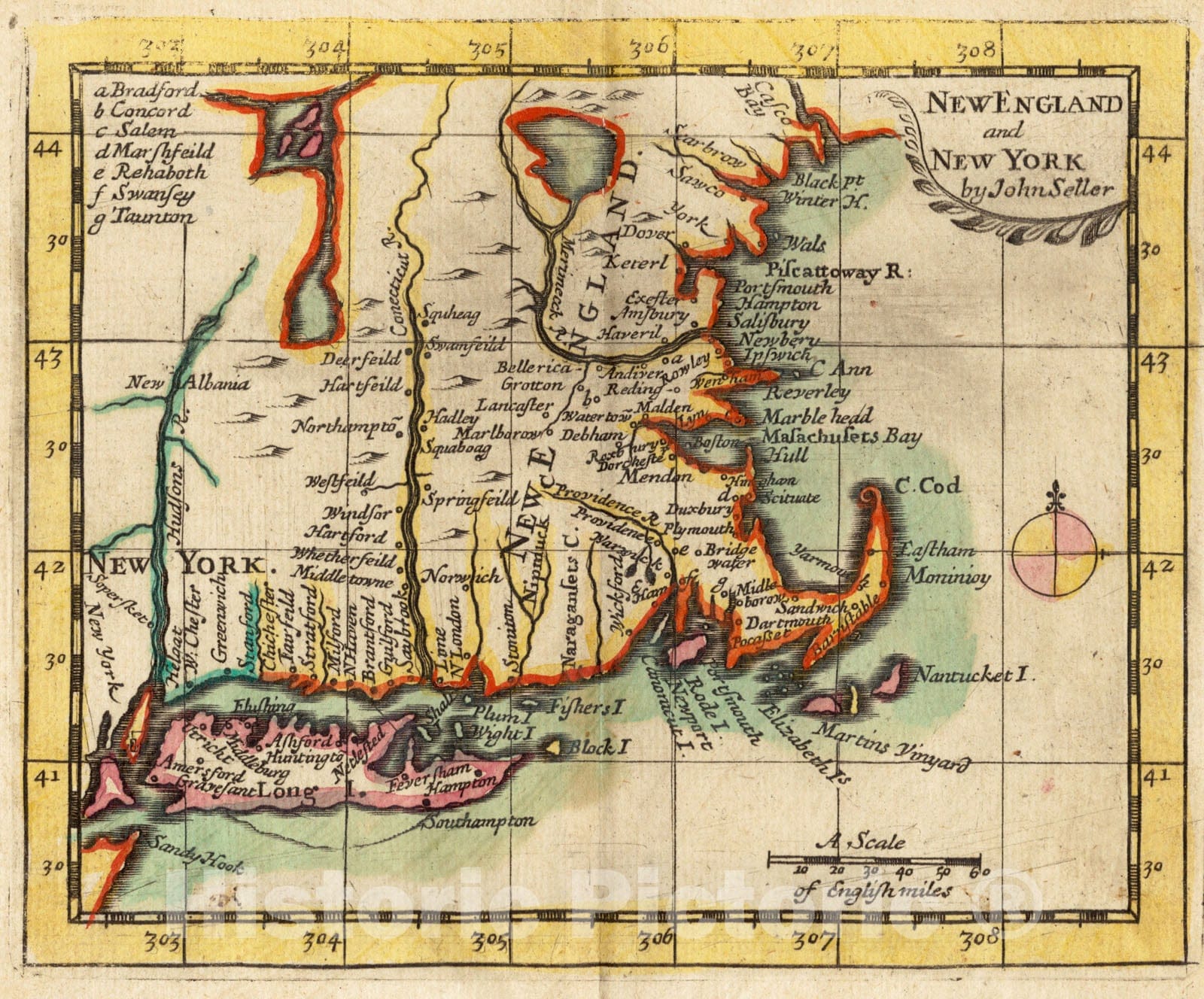 Historical Map, 1703 New England and New York, Vintage Wall Art ...