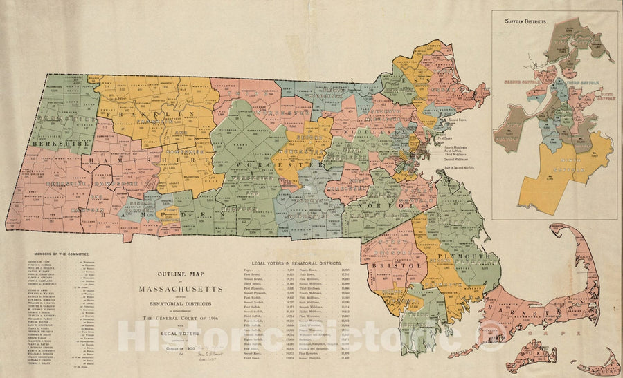 Historical Map, Outline map of Massachusetts Showing senatorial distri ...
