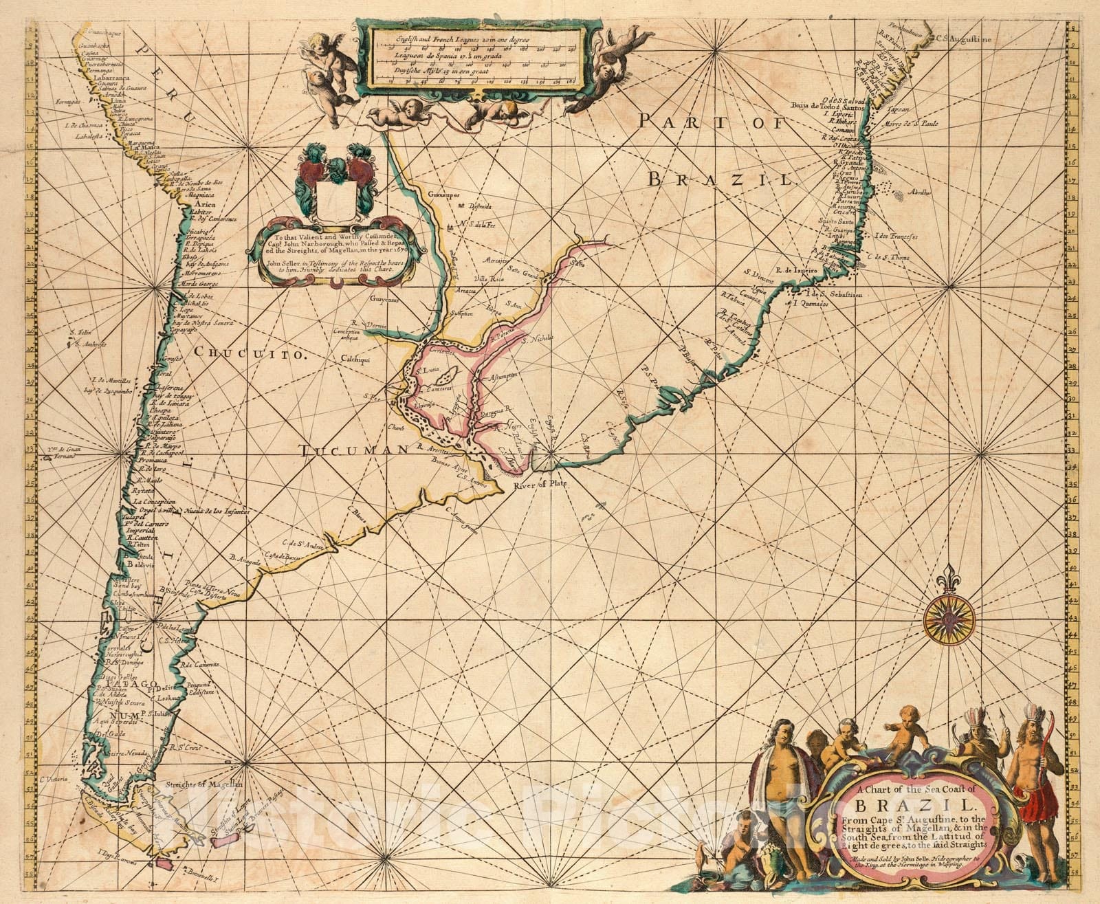 Historical Map, 1672 A chart of the sea coast of Brazil from Cape St ...