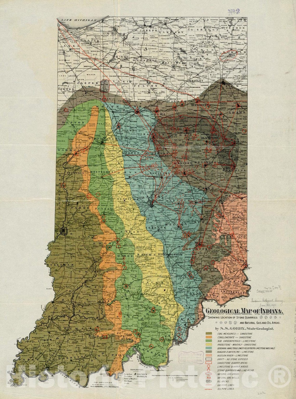 Historical Map, 1890-1899 Geological map of Indiana, Showing Location ...