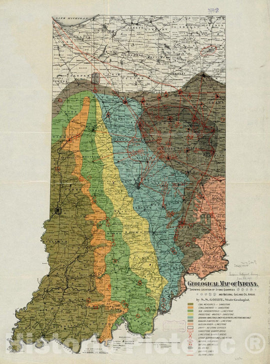 Historical Map, 1890-1899 Geological map of Indiana, Showing Location ...