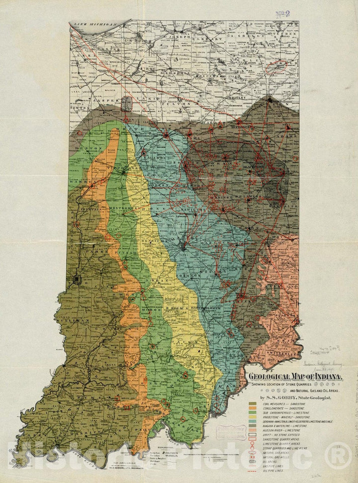Historical Map, 1890-1899 Geological map of Indiana, Showing Location ...