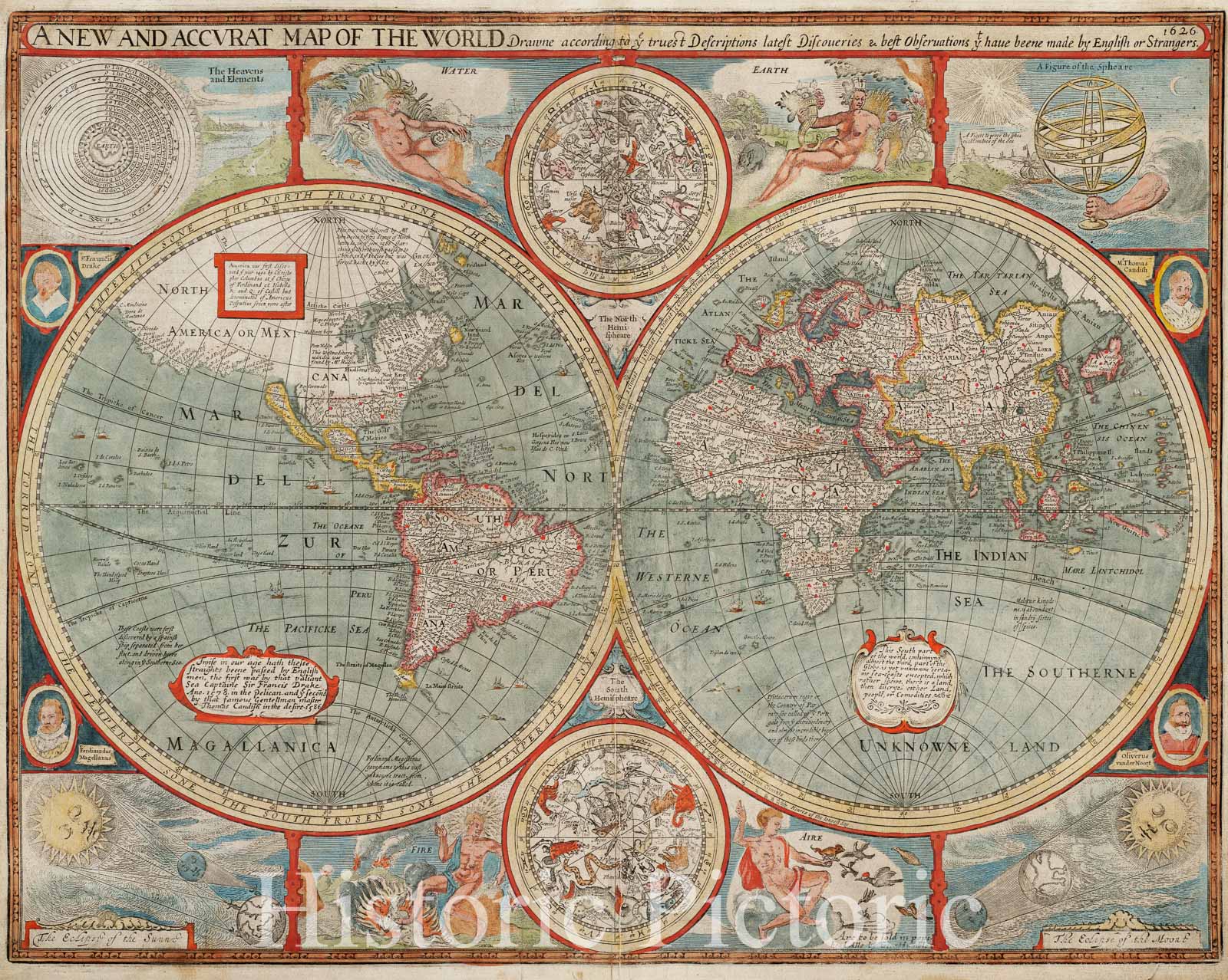 Historical Map, 1626 A new and accurat map of the world, Vintage Wall ...