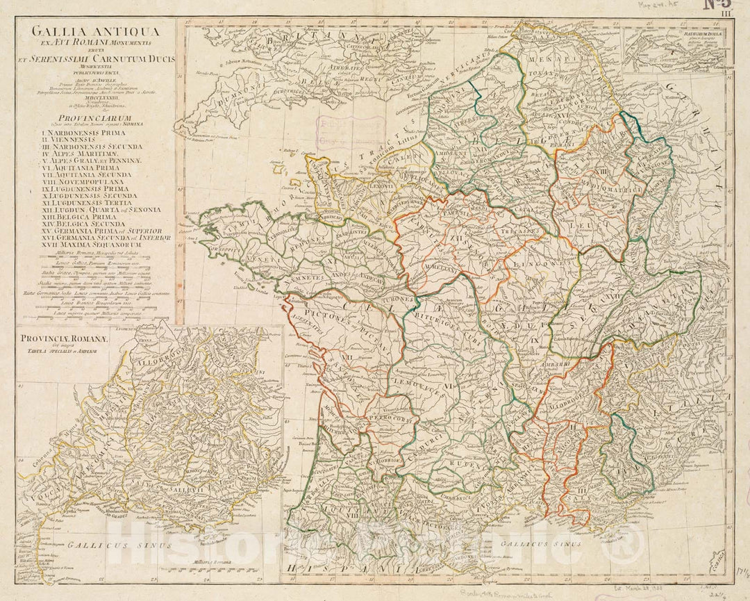 Historical Map, 1783 Gallia Antiqua ex Aevi Romani monumentis eruta et ...