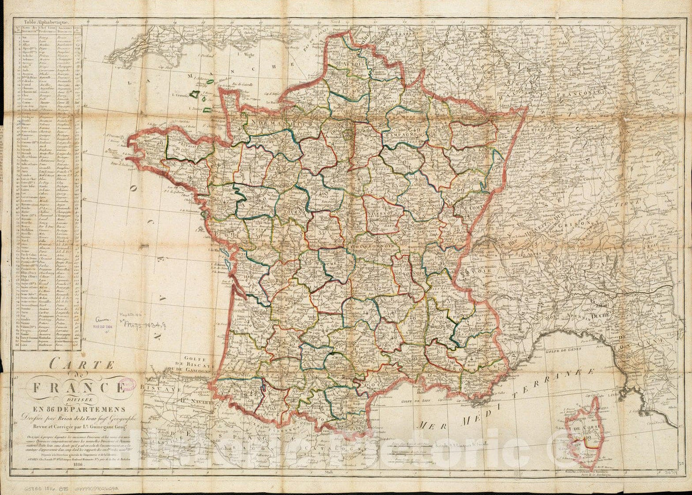 Historical Map, 1816 Carte de France divisee en 86 departemens, Vintag ...